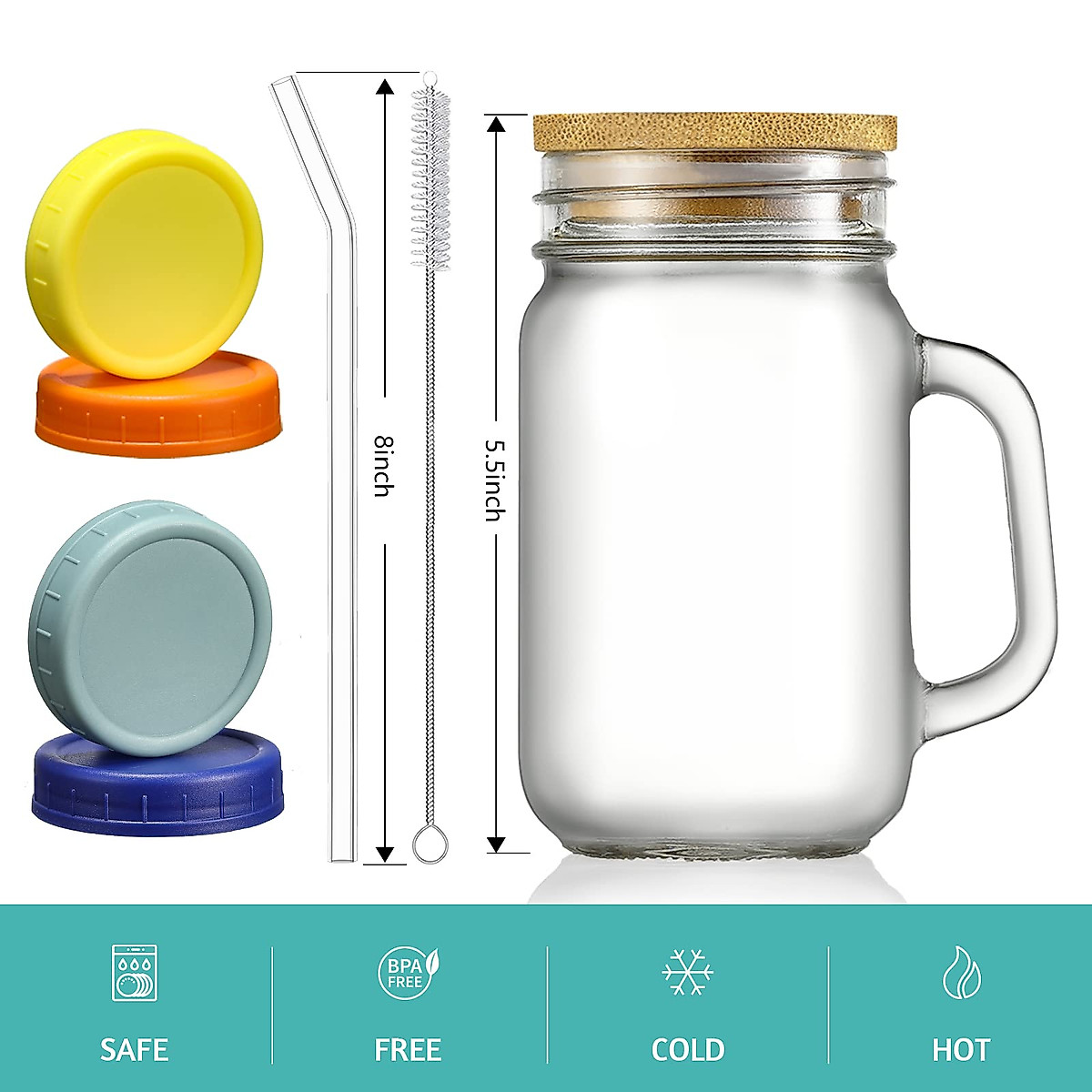 Mason Jars with Handle, Glass Mugs with Glass Straws and Bamboo Lids & Colorful Airtight Lids 4pcs Set - 16oz Old Fashioned Drinking Glass Cups, Reusable Travel Tumbler for Iced Coffee, Smoothie, Tea