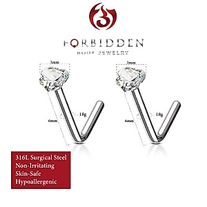 Forbidden Body Jewelry 2 Pack Heart Nose Ring, Heart Nose Stud, L Nose Rings, Heart Nose Rings, 18g 6mm Surgical Steel L Shaped Nose Ring with 3mm Heart CZ Crystal