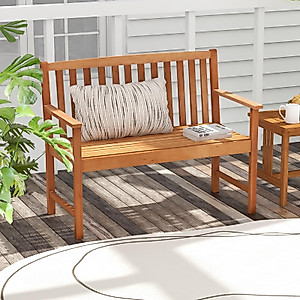 Tangkula Outdoor Garden Bench, 2-Person Eucalyptus Wood Bench with Backrest, Armrests and Slatted Seat, Patio Garden Bench for Yard, Porch, 800 lbs Capacity, Natural