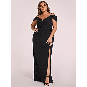 Ever-Pretty Plus Women's Curve V-Neck Cap Sleeves Leg Slit Long Plus Size Dress for Women Formal Black US22