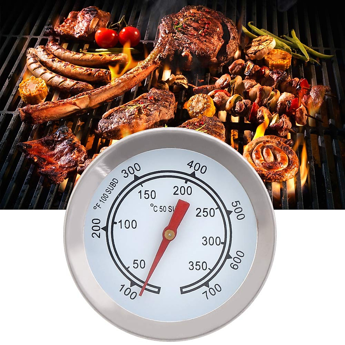 100~700 BBQ Thermometer Temperature Gauge Stainless Steel Double Scale Grill Thermometer Temp Gauge Outdoor Barbecue Smoker Grill