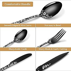 48-Piece Black Silverware Set with Steak Knife, Black Flatware Sets for 8, Stainless Steel Cutlery Set Includes Forks Knives Spoons,Unique Pattern Design，Mirror Polished and Dishwasher Safe