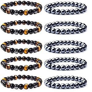 WAINIS 10PCS 8mm Black Hematite Magnetic Bead Therapy Bracelet For Men Women Stone Bracelet Stress Relieving Triple Protection Anxiety Relief Bracelet Jewelry