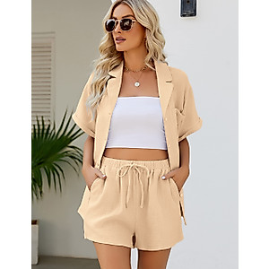 Flygo Women's 2 Piece Shirts Sets Short Sleeve Summer Casual Linen Shirt Elastic Waist Short Sets Outfits(Ginger-XL)
