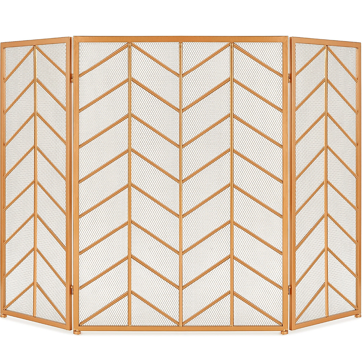 Best Choice Products 52x31in 3 Panel Chevron Fireplace Screen, Mid Century Modern Wrought Iron Hand Crafted Fire Place Guard for Living Room Home Decor, Steel Mesh - Gold