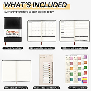 Soomeet Weekly Planner, Undated Planner Weekly and Monthly, Goal Planner, Calendar Stickers, Faux Leather Cover, Time Management Manual and Planner, A5 Hardcover with Ruler, 200 Pages, Black