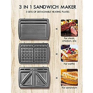 Sandwich Maker 3 in 1, Waffle Make with Removable Plate, Electric Panini Press Grill, Sandwich Toaster with Detachable Non-stick Coating, LED Indicator Lights, Cool Touch Handle, Black
