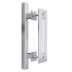 SMARTSTANDARD Heavy Duty 12" Pull and Flush Barn Door Handle Set, Large Rustic Two-Side Design, for Gates Garages Sheds Furniture, Solid Stainless Steel, Square, Silver