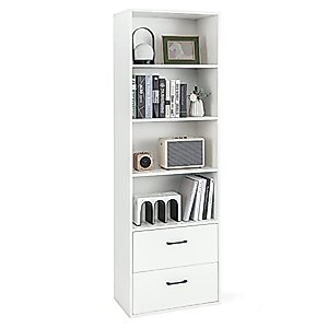 Giantex 74" Tall 4-Tier Bookcase with Drawers - Freestanding White Narrow Bookcase with Anti-Tipping Kits, Wood Open Storage Display Cabinet, 4-Cube Bookshelf for Living Room, Bedroom, Office