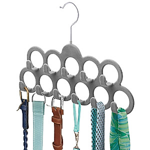 ManGotree Velvet Scarf Hanger, Scarf Organizer, Flocked Velvet Finish, Scarf Holder with 11 Loops and Hooks for Shawls, Scarves, Ties, Belts, or Other Accessories, 2 Pack (Grey)