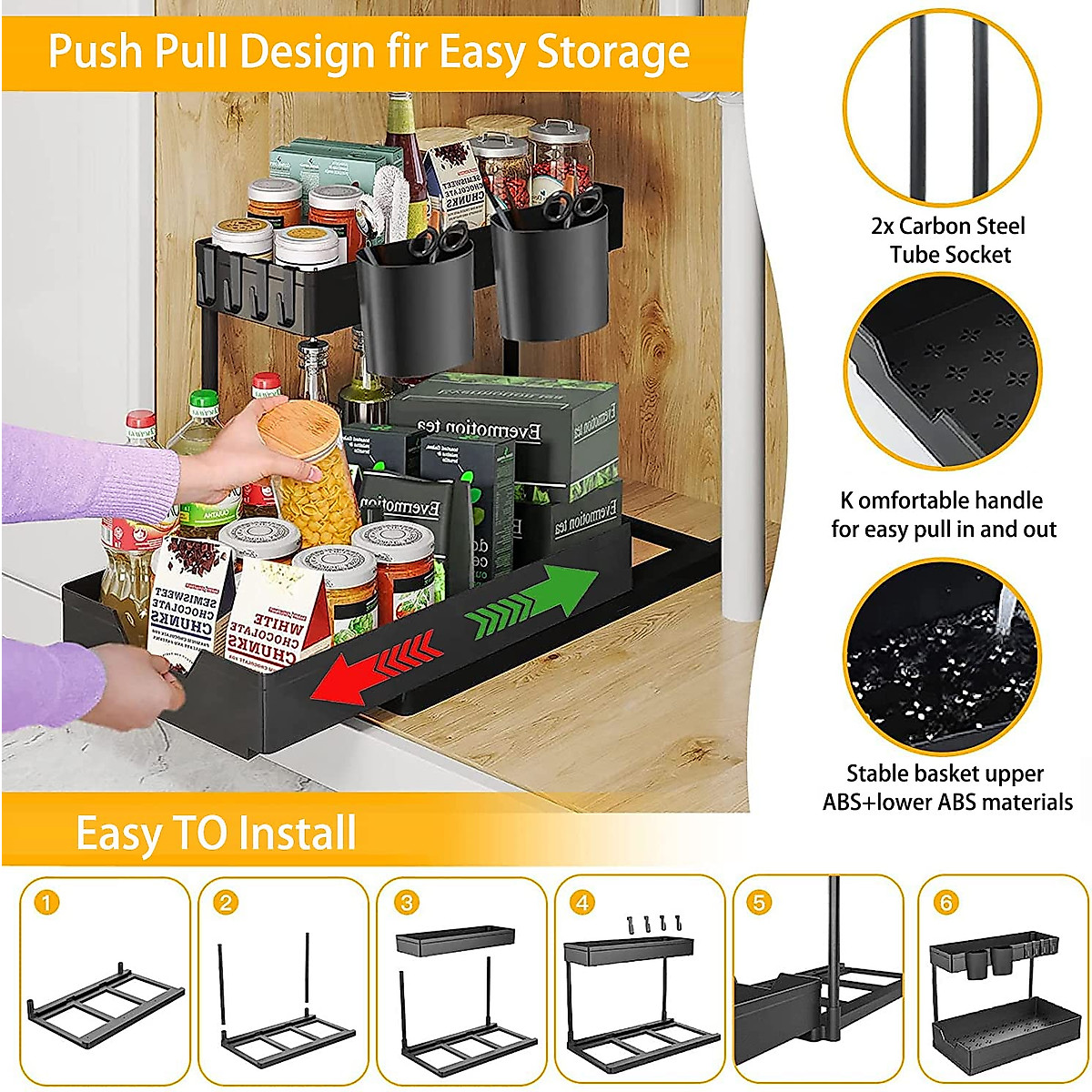 UWBGRT 2-Tier Under Sink Organizers and Storage 𝟐 Pack Sliding L-Shape Bathroom Kitchen Cabinet Organizers with Hooks,Hanging Cups, Narrow Space Storage Multi-Purpose Sink Organizer