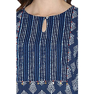 Janasya Women's Blue Printed Cotton Kurta