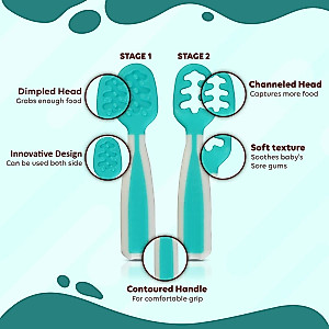 Baby Spoons, Feeding Littles, Silicone Pre-Spoon for Kids Aged 6+ Months - First and Second Stage Spoons, Baby Led Weaning, Teething Spoons, Infant Feeding - Toddler Utensils - 2 Spoons, (Pink/White)