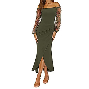 BTFBM Women Elegant Off Shoulder Dresses Sheer Long Sleeve Mesh Ruched Wrap Split Bodycon Maxi Cocktail Wedding Guest Dress(Solid Army Green, Large)