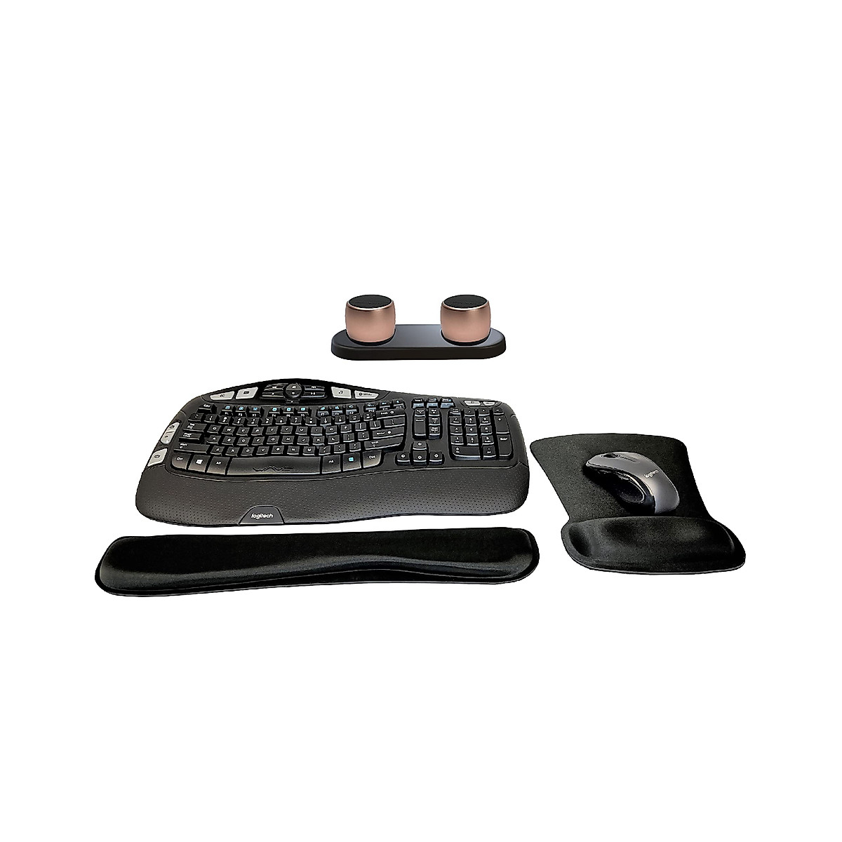 Logitech MK550 Comfort Wave Wireless Keyboard & Mouse Combo Travel Home Office Modern Bundle with Set of 2 Pro Portable Wireless Bluetooth Speakers, Charging Tray, Gel Wrist Pad & Gel Mouse Pad