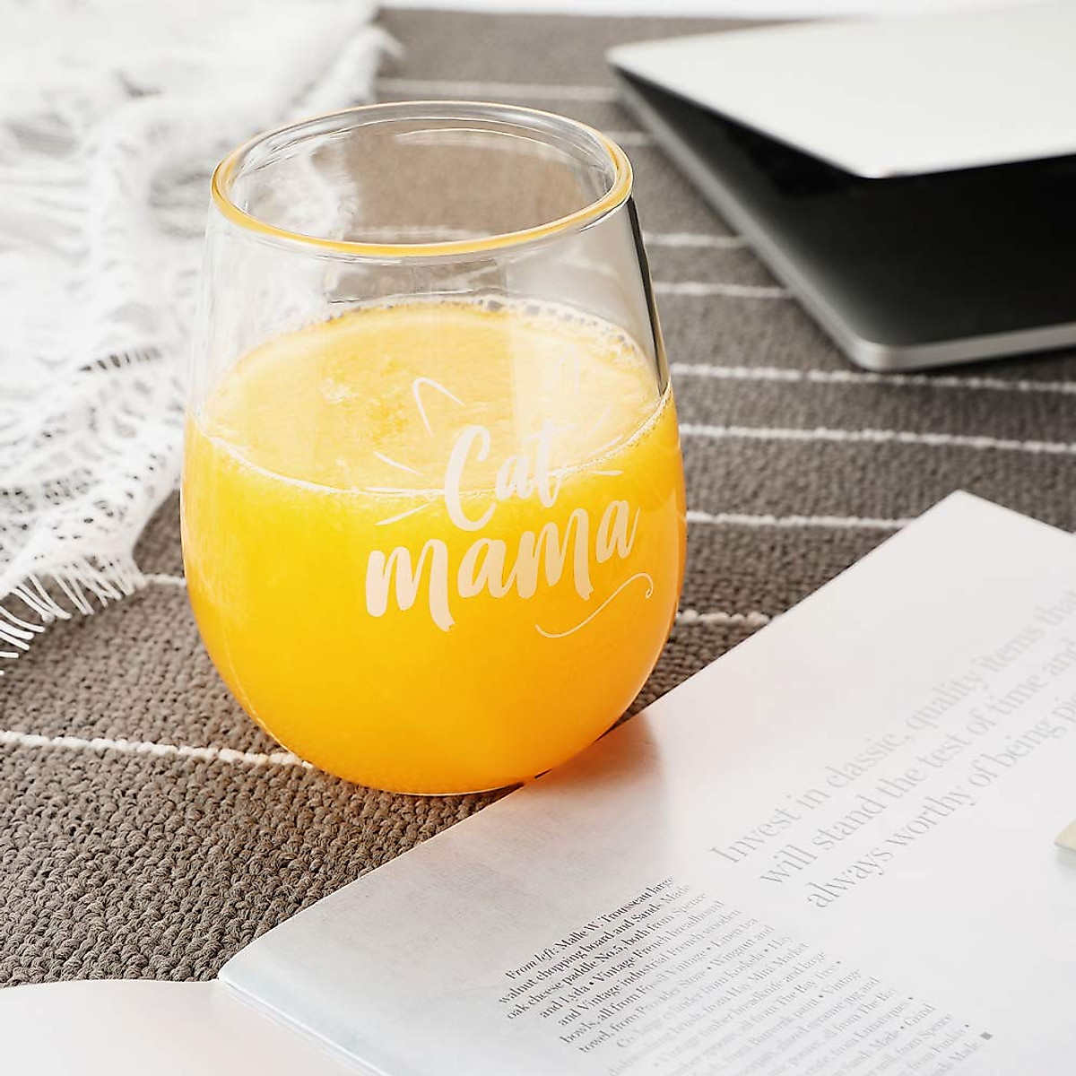 BigNoseDeer Cat Mom Wine Glasses Stemless Crystal Wine Mug Cat Mug Cat Gifts for Cat Lovers Gifts for Women Friends Mother's Day for Mom(14oz)