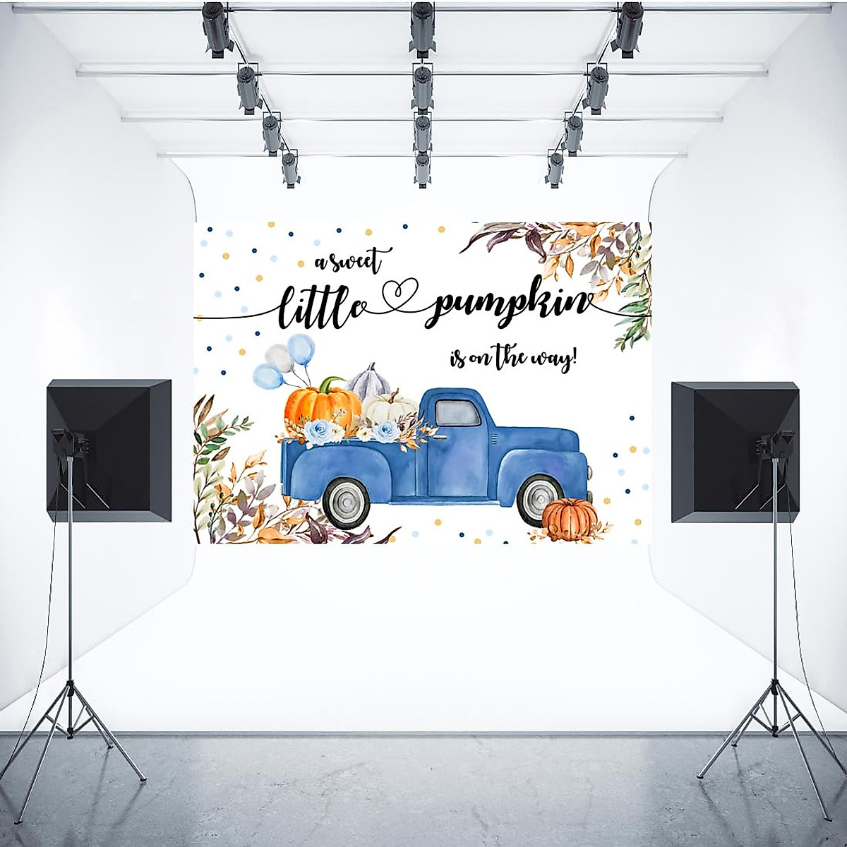 Aperturee Little Pumpkin Baby Shower Backdrop 5x3ft A Little Sweet Pumpkin is On The Way Blue Truck Leaves Balloons It's a Boy Photography Background Fall Autumn Party Decorations Banner Photo Booth…