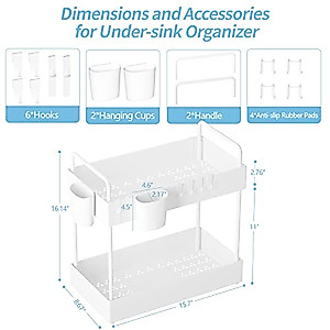 Ormeli Under Sink Organizer, 2 Tier Bathroom Sink Storage Under Cabinet Organizer Baskets Kitchen Countertop Organizer Multi-purpose Bath Collection Baskets with 6 Hooks 2 Hanging Cups(1 Pack, White)