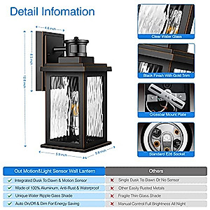 Motion Sensor Outdoor Lights Wall Mount, Dusk To Dawn Exterior Light Fixture ,100% Anti-rust Aluminum Waterproof Porch Light Outside Wall Lights For House, Black Wall Sconce Lanterns With Water Glass