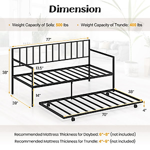 KOMFOTT Twin Metal Daybed with Trundle, Metal Sofa Bed & Pull-Out Trundle Set with Lockable Casters, Daybed for Living Room, No Box Spring Needed