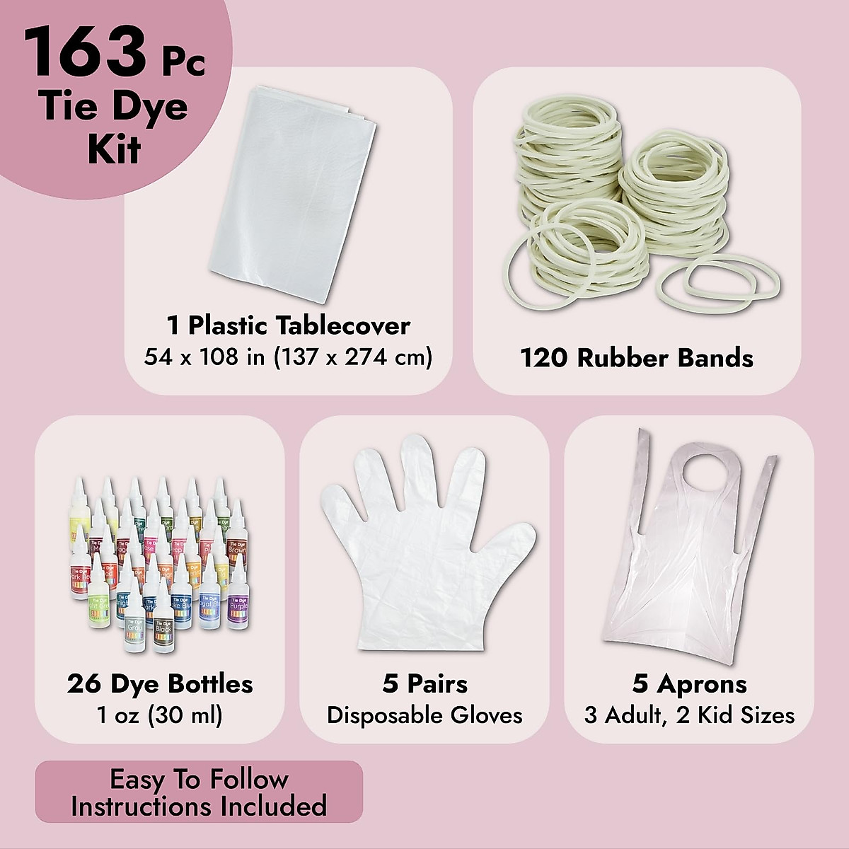 Bright Creations 26-Color Tie Dye Kit for Adults, Kids - Fabric Dyes for Clothing with Instructions, Table Cover, Rubber Bands, Gloves, and Aprons