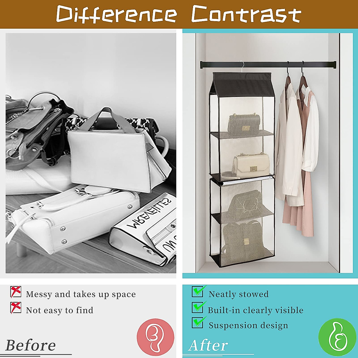 KMOTASUO 2 Pack Detachable Purse Handbag Organizer for Closet, Hanging Purses Bag Storage Holder with 4 Clear Shelves, Space Saving Wardrobe Organizers System for Bedroom Living Room