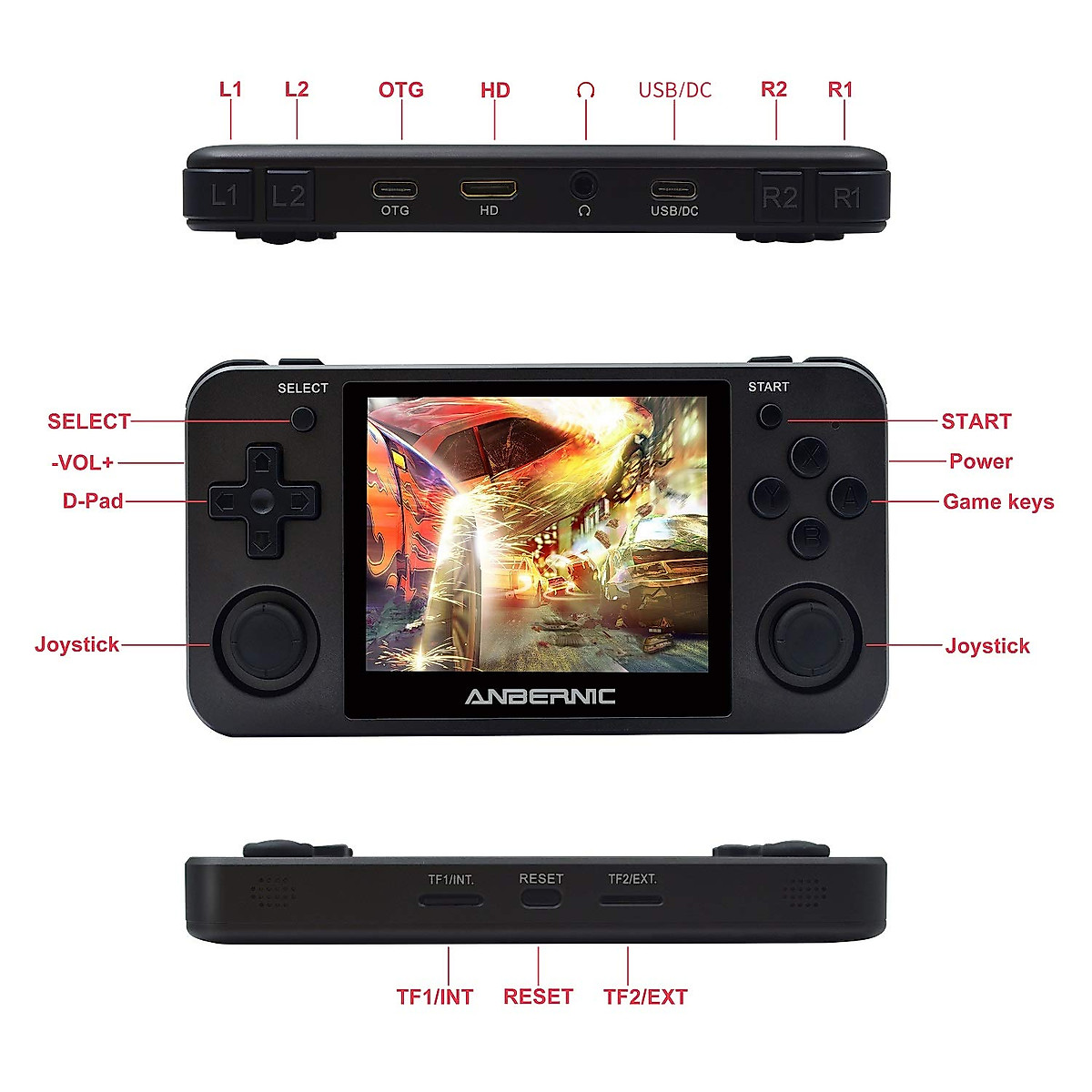 RG350M Handheld Game Console with Opening Linux Tony System HDMI Output 64Bit 3.5inch IPS Screen , Retro Game Console with 32G TF Card 2500 Classic Games Portable Video Game Console （Black）