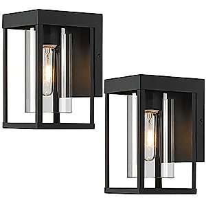 LAMPRESSION 2-Pack Black Outdoor Wall Light Fixtures, Exterior Waterproof Wall Lantern Sconce, 9" H Outdoor Porch Light Wall Mount with Clear Glass Shade