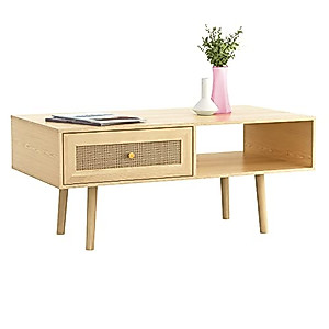 Atlantic Loft & Luv Remy Boho Mid-Century Natural Storage Drawer and Shelf, Finish Rattan Coffee Table