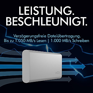 LaCie Portable SSD 2TB External Solid State Drive - USB-C, USB 3.2 Gen 2, speeds up to 1050MB/s, Moon Silver, for Mac PC and iPad, with Rescue Services (STKS2000400)