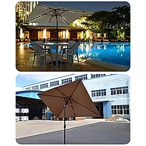 WAHHWF 10x6.5FT Garden Parasol Umbrella with Solar Lights, Rectangular Large Patio Table Umbrella, Deck Pool Outdoor Market Umbrella with Tilt and Crank (Color : Brown)