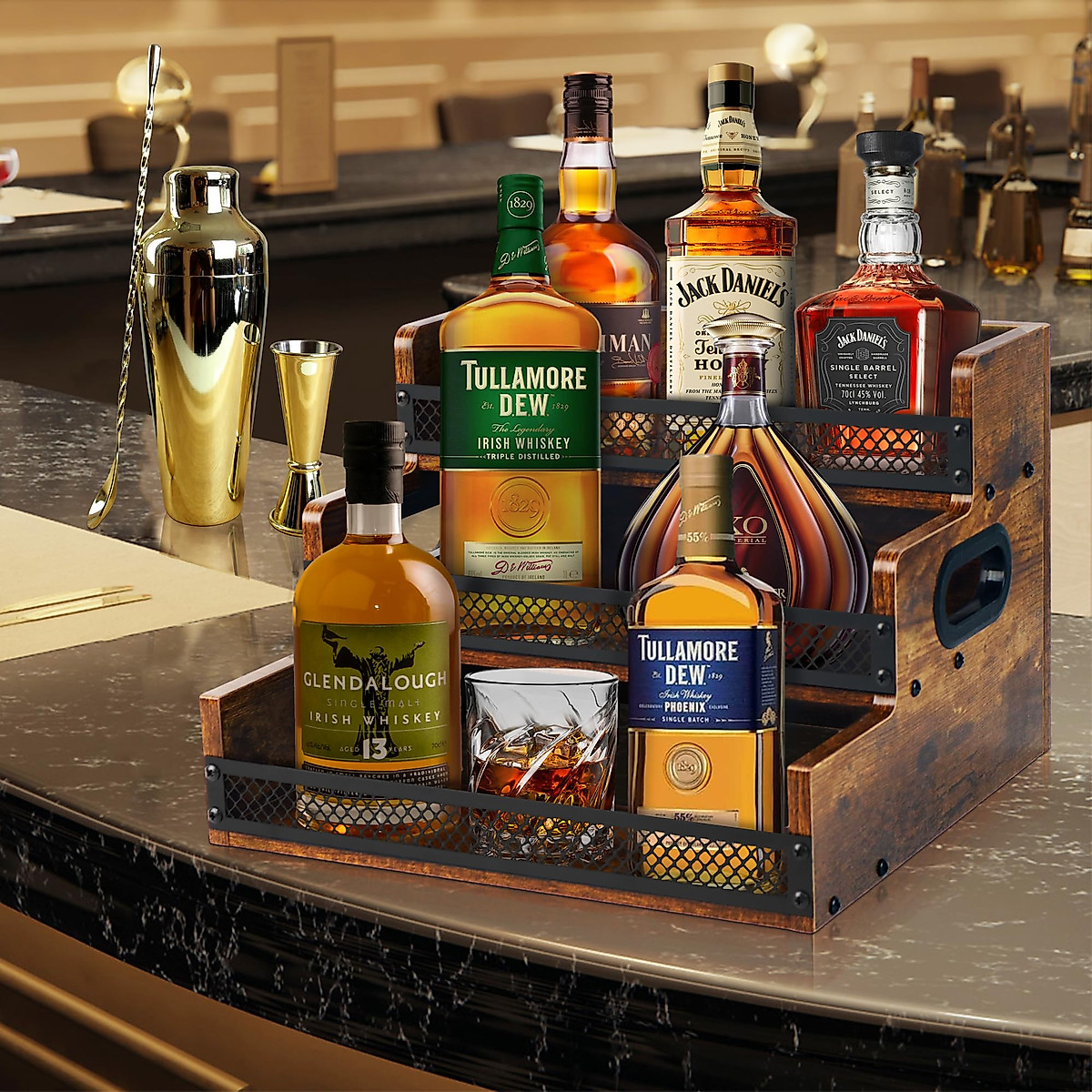 2 Pack 3 Step Liquor Bottle Display Shelf, Coffee Syrup Rack Organizer, Countertop Liquor Wine Rack, 12 Bottles Coffee Station Organizer with Fences & Handles, Retro Bar Shelf Stand for Liquor Whiskey