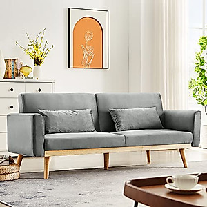 DKLGG Grey Futon Sofa Bed, Velvet Convertible Sofa Couch Sleeper with Wood Legs & 2 Pillows, Upholstered Loveseat for Small Spaces Living Room Bedroom Furniture, 3 Adjustable Positions, Easy Assembly