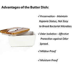 Butter Dish with Lids - OAMCEG Porcelain Ceramic Butter Container, Large Butter Keeper with Wooden Lid and Steel Knife, Airtight Butter Storage Container with Cover Holds Up to 2 Sticks of Butter