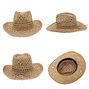 EOZY Men & Women's Summer Cowboy Cowgirl Straw Hat Hollow Out Woven Roll Up Wide Brim Hat/Camel