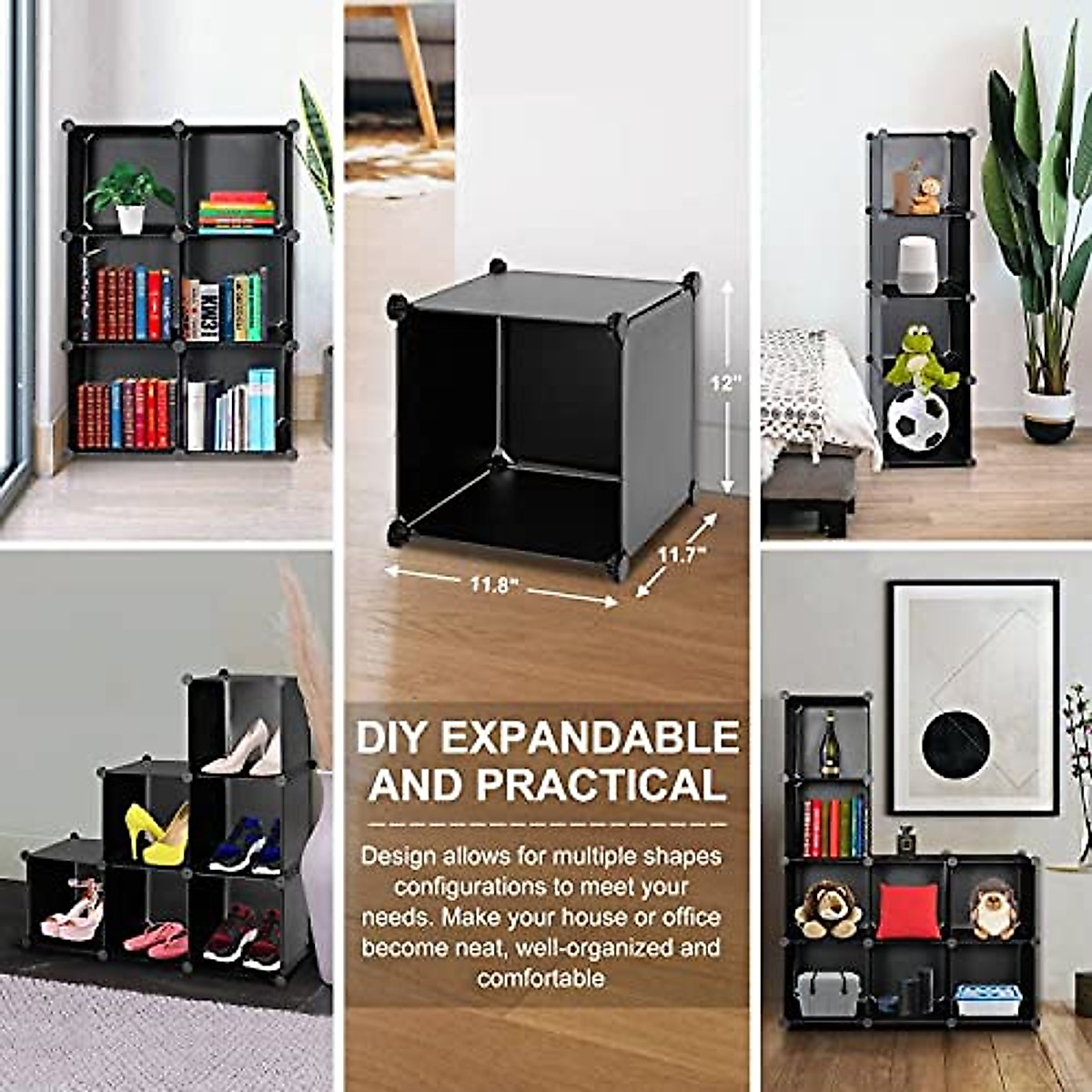 ZENY Cube Storage Organizer, 16-Cube Closet Organizer Storage Shelves, Modular Bookcase, DIY Plastic Modular Closet Cabinet, Book Shelf for Bedroom Living Room Office, Black