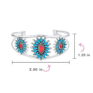 Personalize South Western Navajo Style Orange Red Coral Blue Turquoise Zuni Needlepoint Jewelry Flower Blossom Wide Cuff Bracelet For Women .925 Sterling Silver Customizable