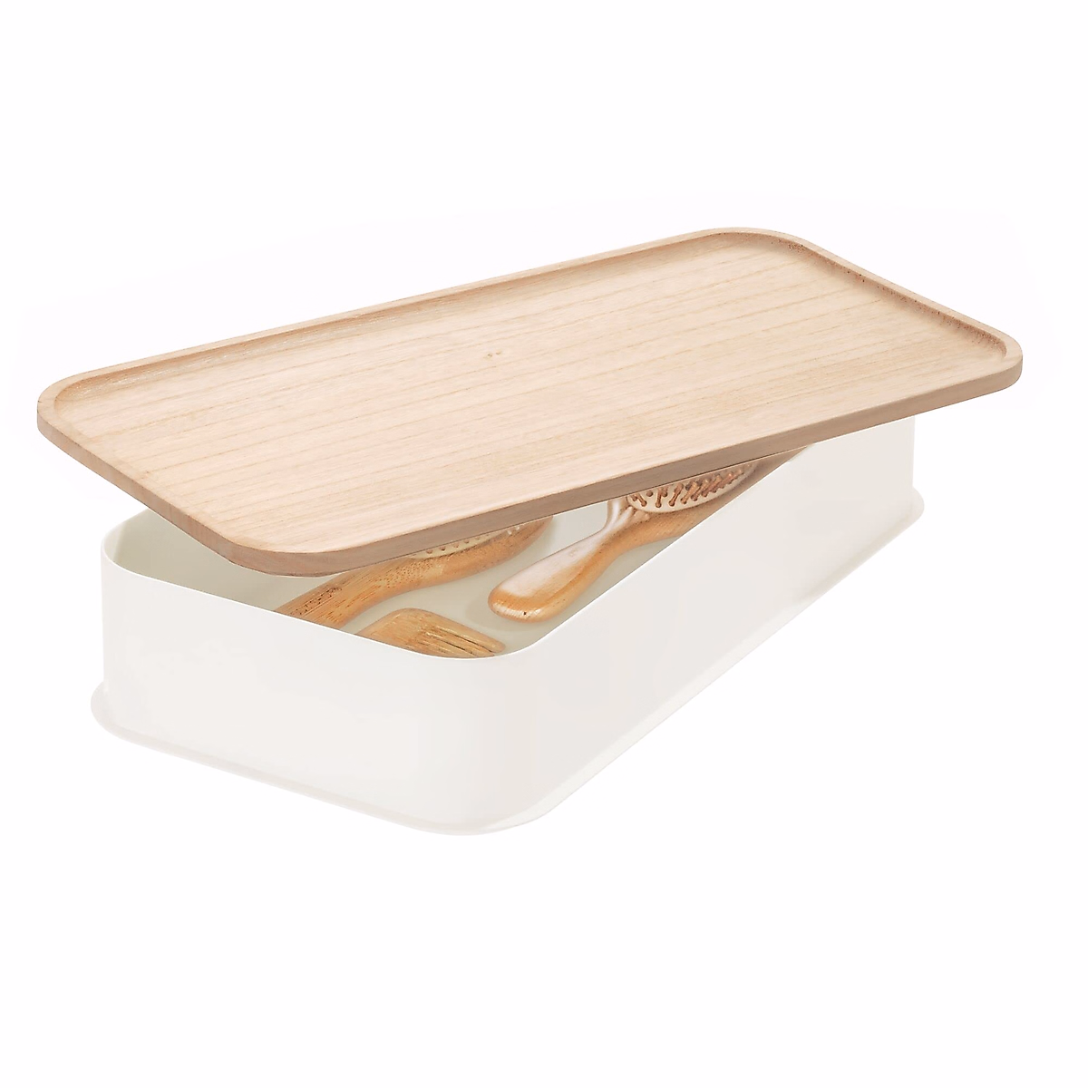 iDesign Recycled Plastic Medium Storage Bin with Paulownia Wood Lid, 8.4" x 16.9" x 3", Coconut