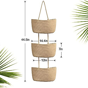 TeoKJ Over the Door Hanging Basket, 3-Tier Woven Cotton Wall-Mounted Storage Organizer Bag Decorative Hanging Kitchen Baskets - Jute