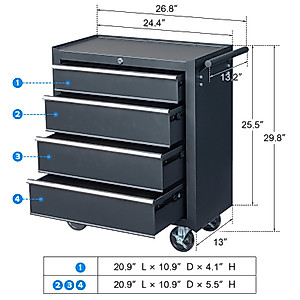 Winado 4-Drawer Tool Chest with Wheels & Lock & Key, Heavy Duty Cart Rolling Tool Box on Wheels, Metal Storage Cabinet, Rolling Tool Cart with Drawers for Garage, Warehouse & Repair Shop