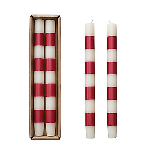 Creative Co-Op 10' H Unscented Taper Candles w/Stripes in Box, Cream Color & Red, Set of 2 (Approximate Burn Time 15 Hours)