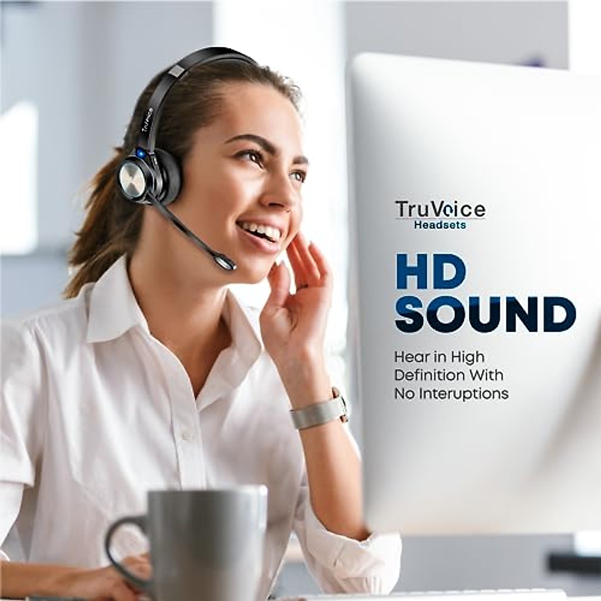 TruVoice BT65 Wireless USB Headset with Hi-Fi Audio and Noise Canceling Microphone - v5.2 Bluetooth Fast Charging Base and 15hr Talk time - Multi Connectivity with Both Computer and Cell Phone.