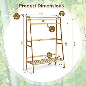 Giantex 3 Tier Bamboo Clothing Rack with Shelves, Heavy Duty Freestanding Clothes Organizer Rack with Coat Hooks, Anti-toppling Device, Cloth Hanger Standing Garment Racks for for Hanging Clothes