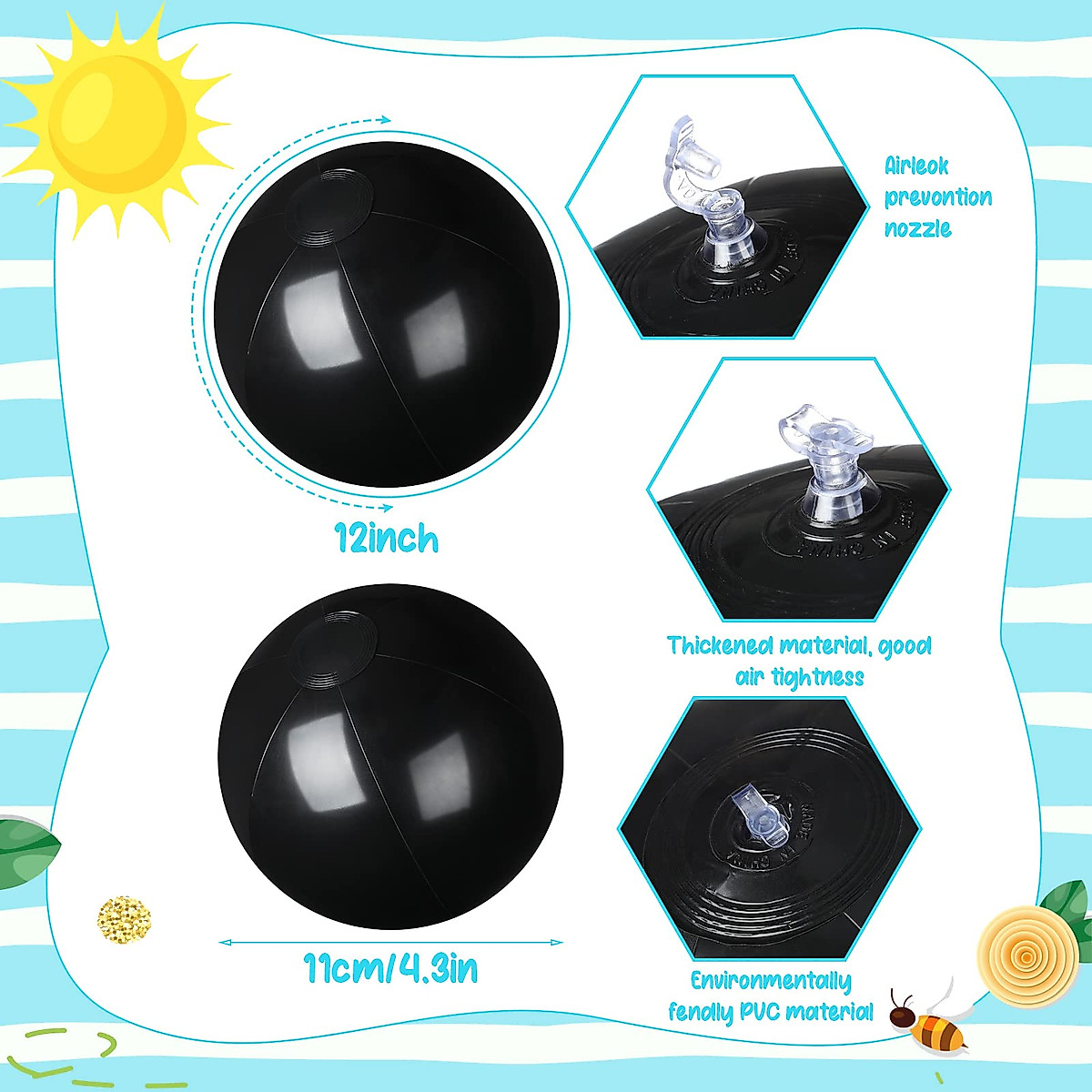 Raiten 12 Pcs Beach Ball Inflatable Beach Balls Large Inflatable Ball Floating Ball for Swimming Pool Party Favors Outdoor Activities Summer Birthday Party Supplies (Black,12 Inch)