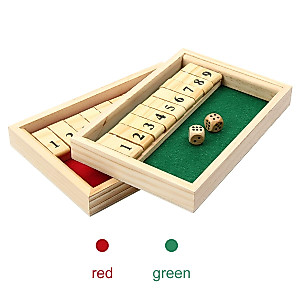 bouti1583 Shut The Box Game, Double-Sided Classic 9 Number Wooden Set with Dice Green- Adults and Children