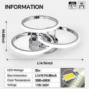 15.74IN Dimmable LED Modern Flush Mount Ceiling Light Fixture with Remote Control, Chrome 3000K-6500K 3-Color Dimming Circle Modern Chandelier, Close to Ceiling Bedroom Kitchen Cloakroom Lamp