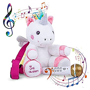 Singing Machine Kids Presents The Sing Along Crew Speaker & Microphone Plush, Karaoke Backpack with Songs, Sound Effects & Recording, Uni Queen, White and Pink (SMK012)