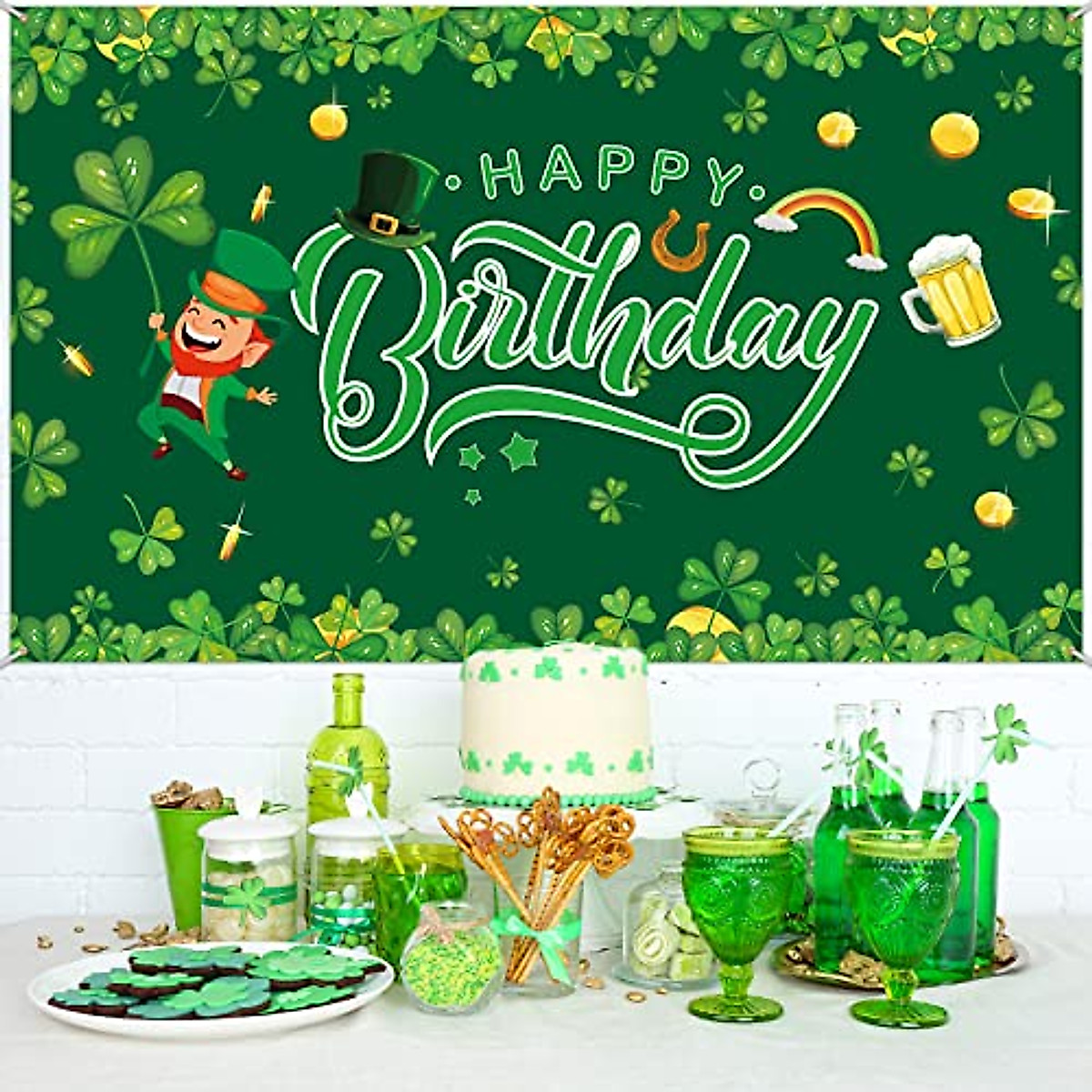 Happy Birthday St. Patrick's Day Backdrop Banner Saint Patricks Birthday Party Decorations Green Shamrock Sign Irish Luck Day Photo Booth Banner Birthday Backdrops Decor Supplies