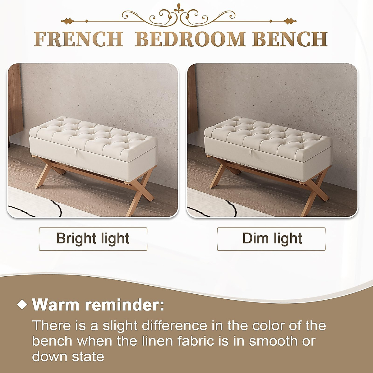 Bonzy Home Tufted Entryway Storage Bench, 36" French Vintage Bedroom Dining Room Benches with X-Shaped Legs, Fabric End of Bed Bench for Bedroom Dining Room Living Room Entryway, Beige