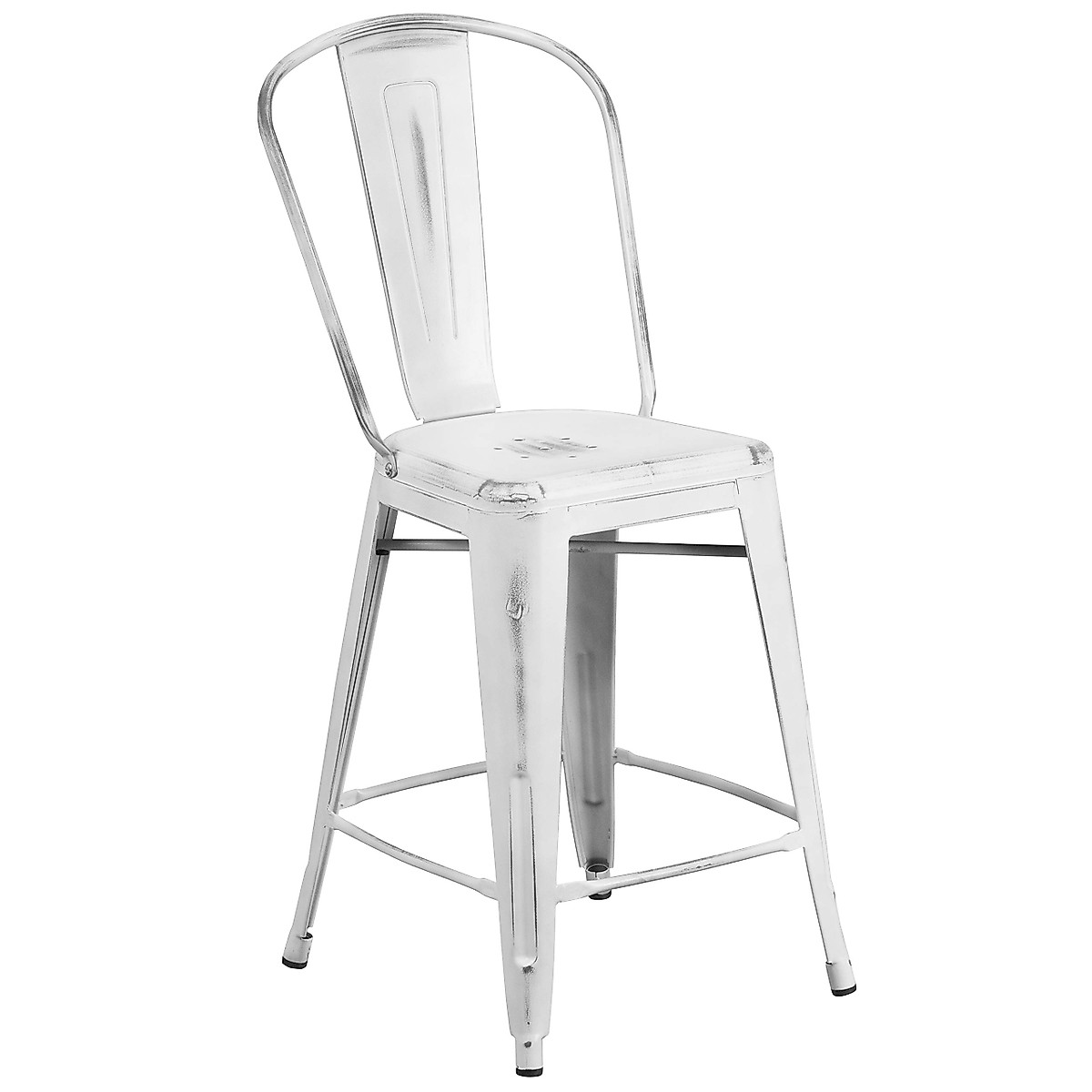Flash Furniture Blake Commercial Grade 4 Pack 24" High Distressed White Metal Indoor-Outdoor Counter Height Stool with Back